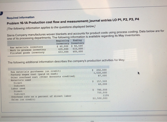 Solved Required information Problem 16-1A Production cost | Chegg.com