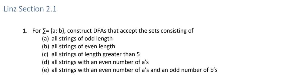 Solved Linz Section 2.1For ∑??={a;b}, ﻿construct DFAs that | Chegg.com