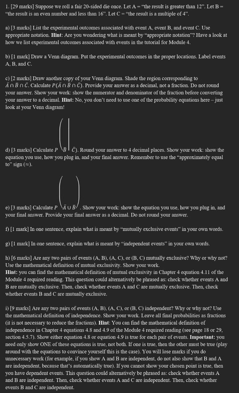 Solved 1. [ 29 marks] Suppose we roll a fair 20 -sided die | Chegg.com