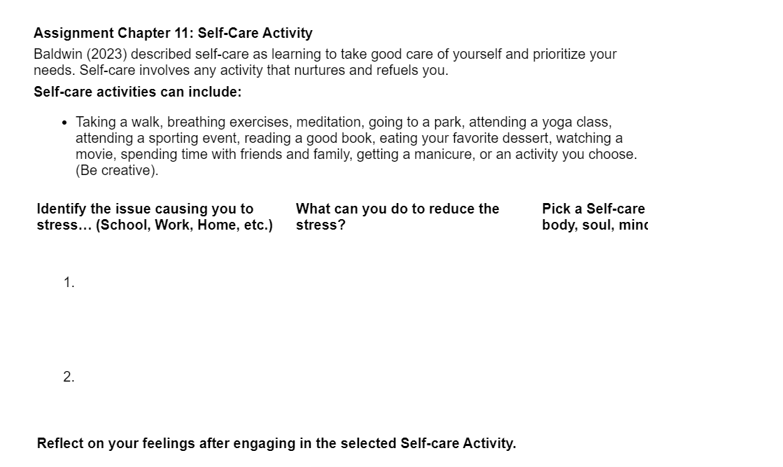 Solved Assignment Chapter 11: Self-Care ActivityBaldwin | Chegg.com