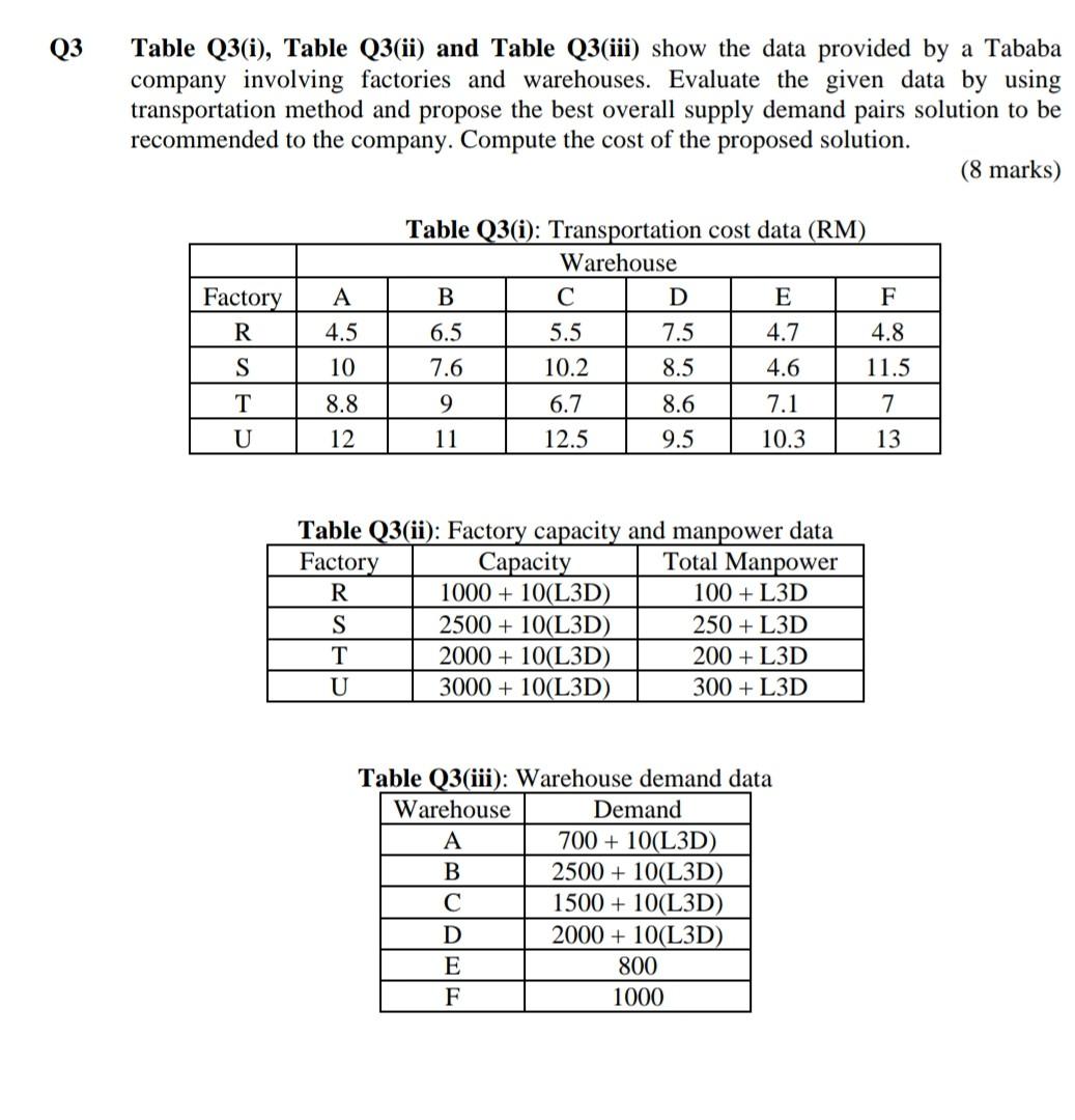 Solved Table Q3(i), Table Q3(ii) and Table Q3 (iii) show the | Chegg.com
