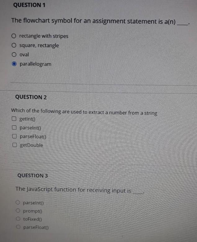 Solved QUESTION 1 The flowchart symbol for an assignment | Chegg.com