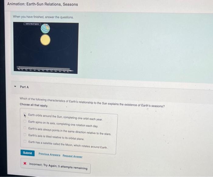 Solved Animation: Earth-Sun Relations, Seasons When you have | Chegg.com