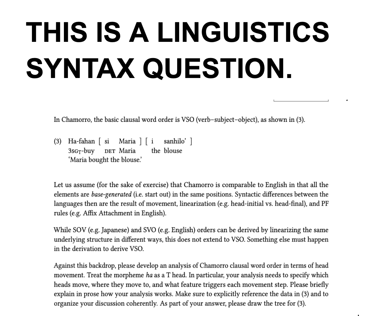 In Chamorro, the basic clausal word order is VSO | Chegg.com