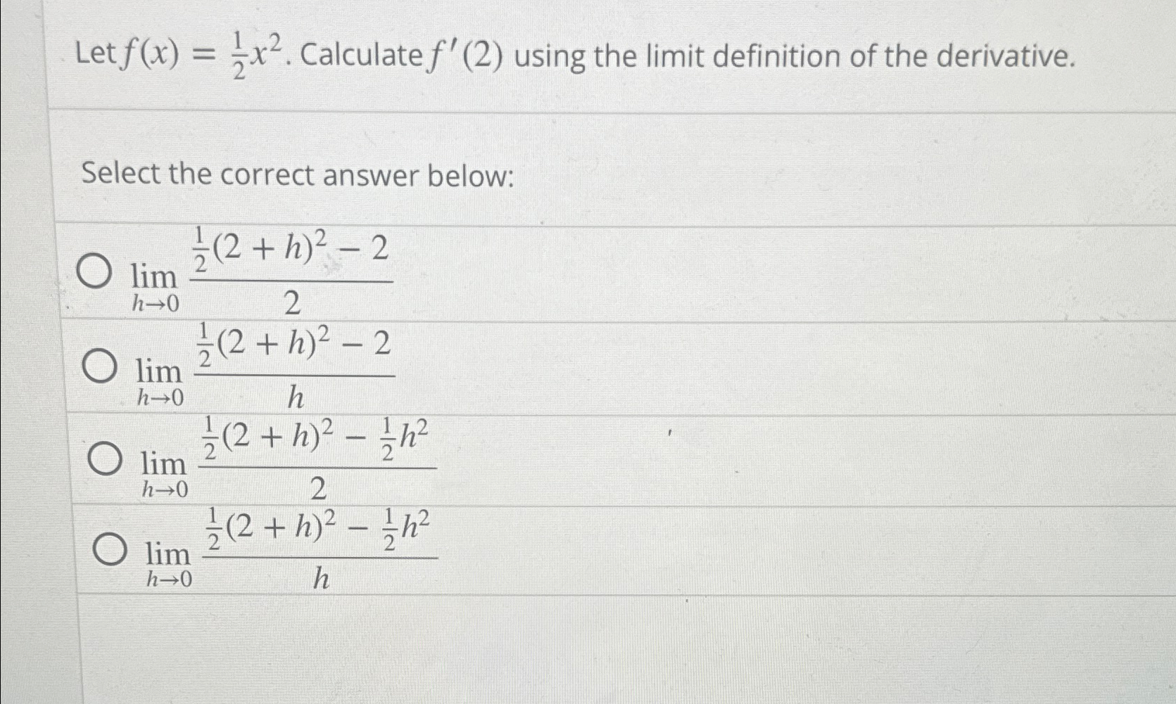 Solved Let f(x)=12x2. ﻿Calculate f'(2) ﻿using the limit | Chegg.com
