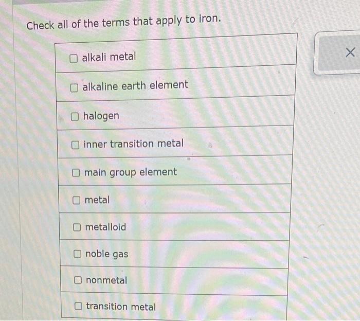 Solved Check all of the terms that apply to chlorine. alkali | Chegg.com
