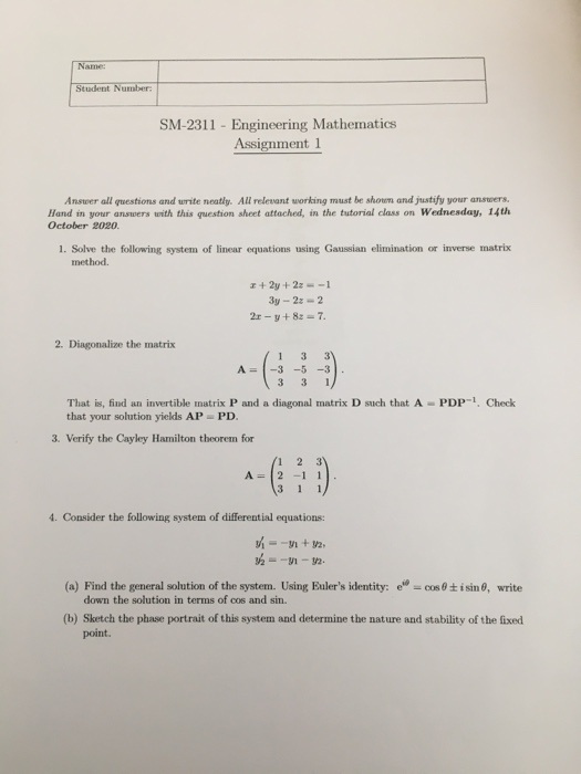 Solved Name: Student Number SM-2311 - Engineering | Chegg.com