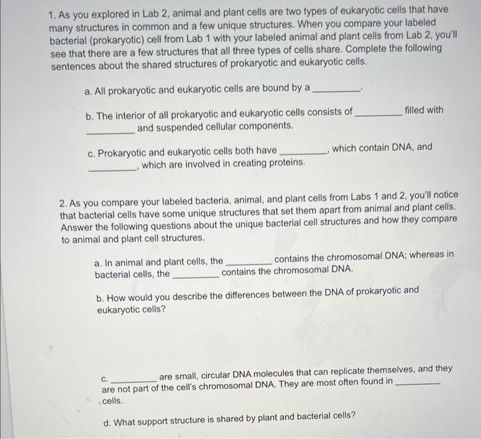 Solved 1. As you explored in Lab 2, animal and plant cells | Chegg.com