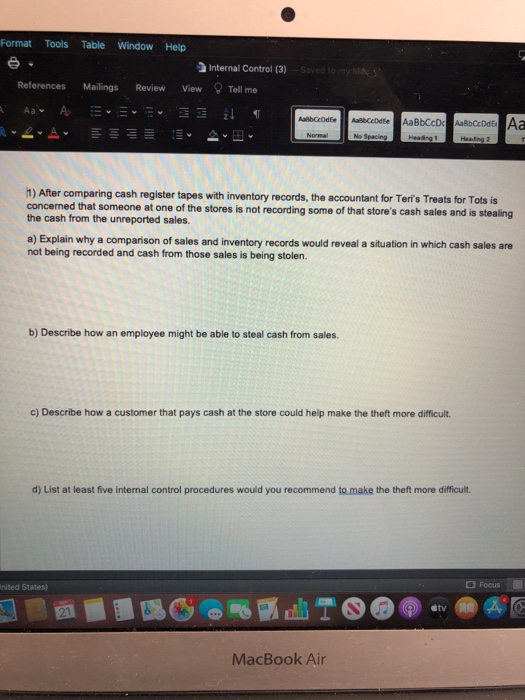 Solved Format Tools Table Window Help Internal Control (3) | Chegg.com