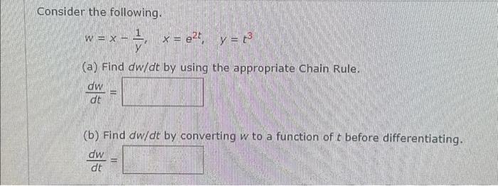 Solved Consider the following. x = e²t, y = t³ (a) Find | Chegg.com