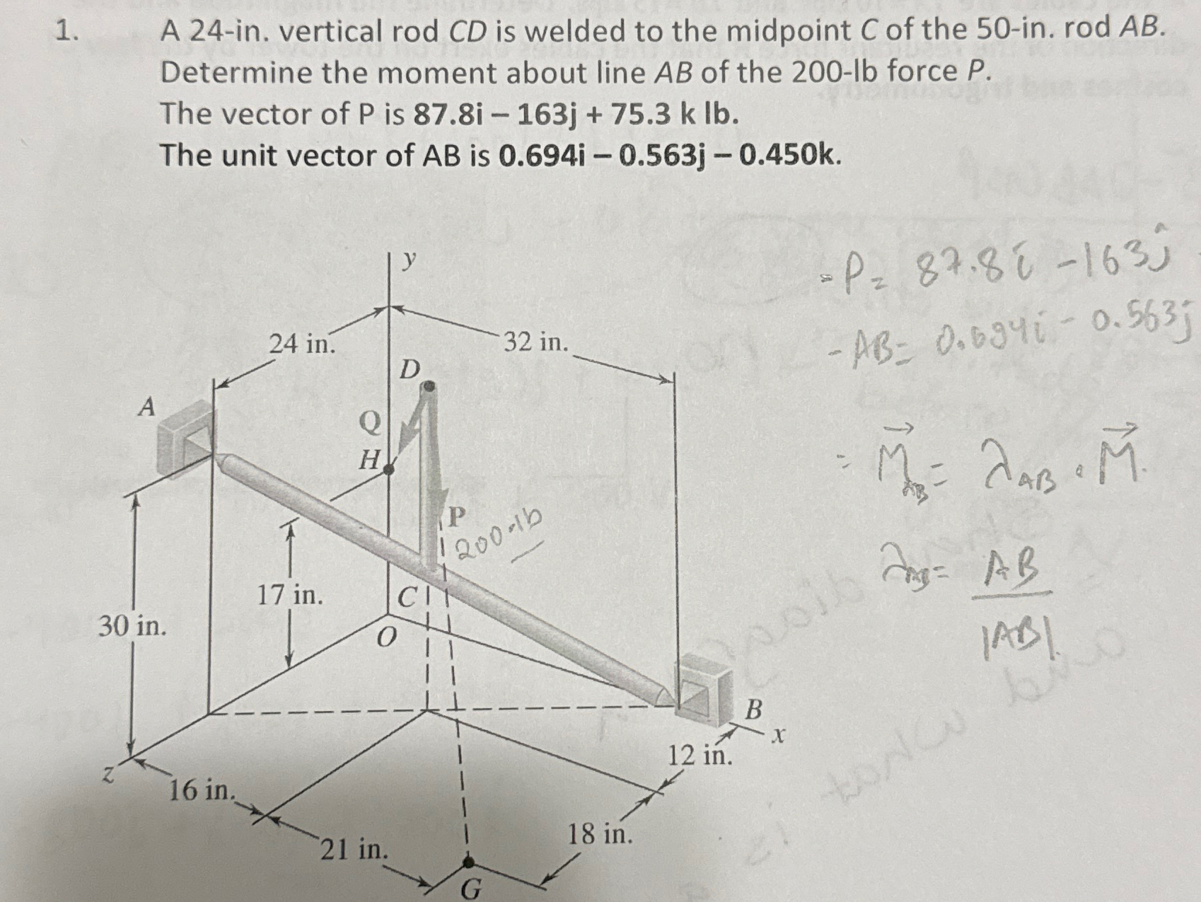 Solved A 24-in. ﻿vertical rod CD ﻿is welded to the midpoint | Chegg.com