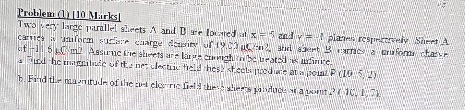 Solved Problem (1) [10 Marks] Two very large parallel sheets | Chegg.com