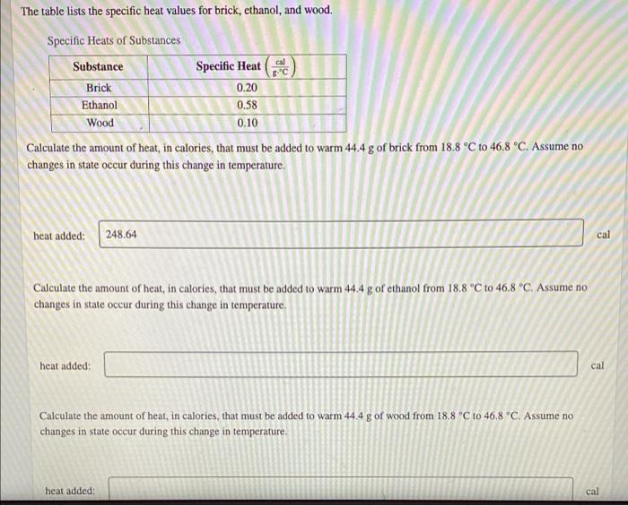 Solved The table lists the specific heat values for brick, | Chegg.com