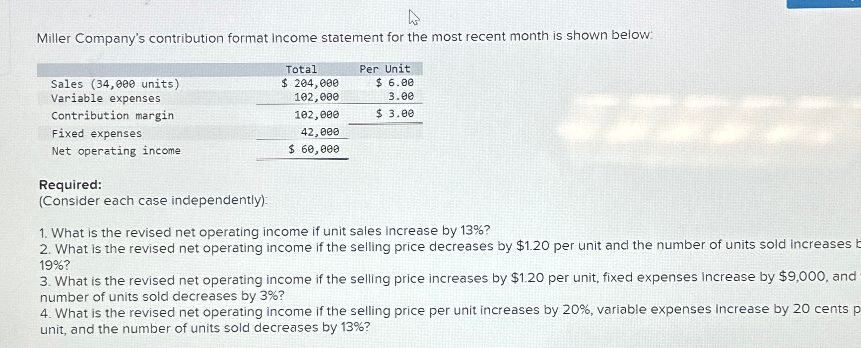 Solved Miller Companys Contribution Format Income Statement