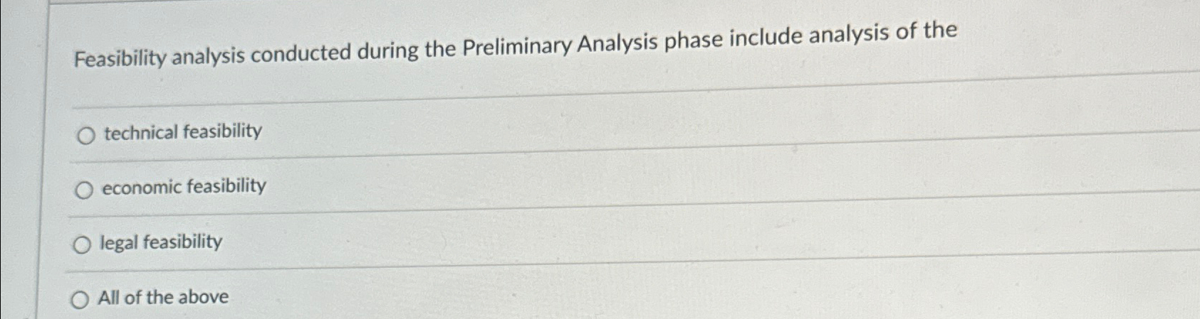 Solved Feasibility analysis conducted during the Preliminary | Chegg.com