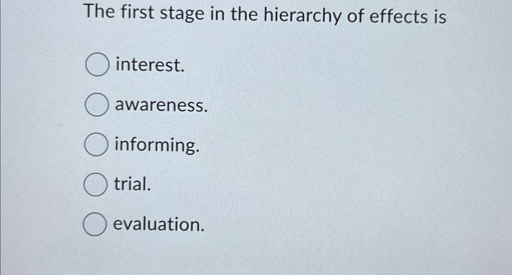 Solved The first stage in the hierarchy of effects | Chegg.com