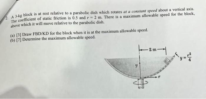 Solved 2. A 3-kg block is at rest relative to a parabolic | Chegg.com