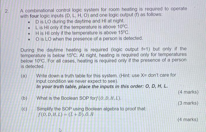 Solved A combinational control logic system for room heating | Chegg.com