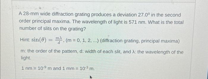 Solved A 28−mm wide diffraction grating produces a deviation | Chegg.com