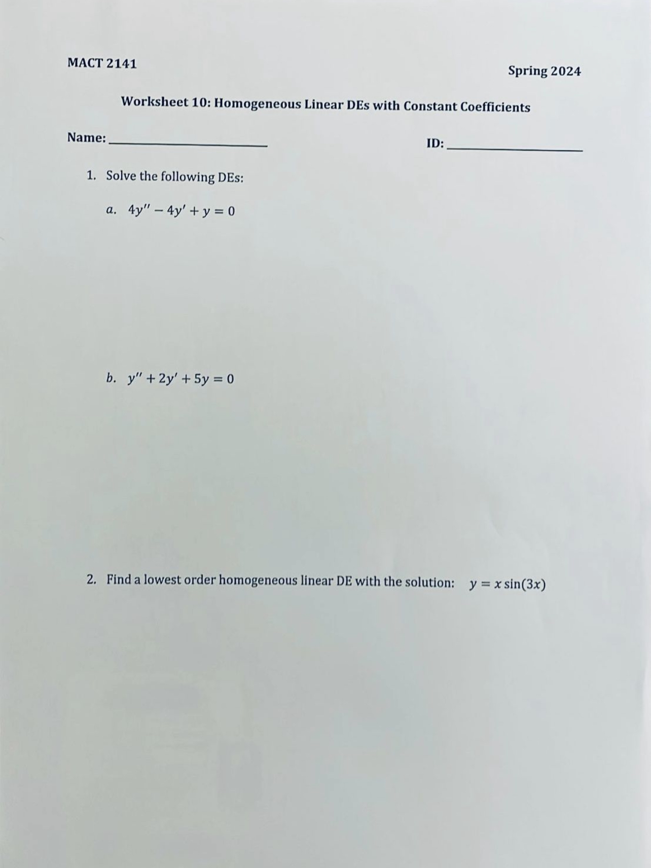 Solved MACT 2141Spring 2024Worksheet 10: Homogeneous Linear | Chegg.com
