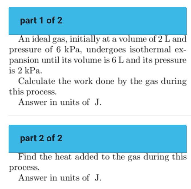 Solved part 1 of 2 An ideal gas, initially at a volume of 2 | Chegg.com