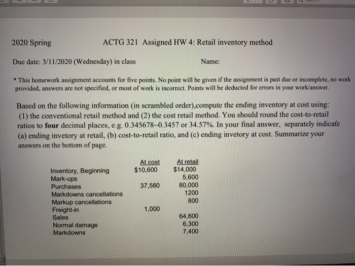 Solved 2020 Spring ACTG 321 Assigned HW 4: Retail inventory | Chegg.com