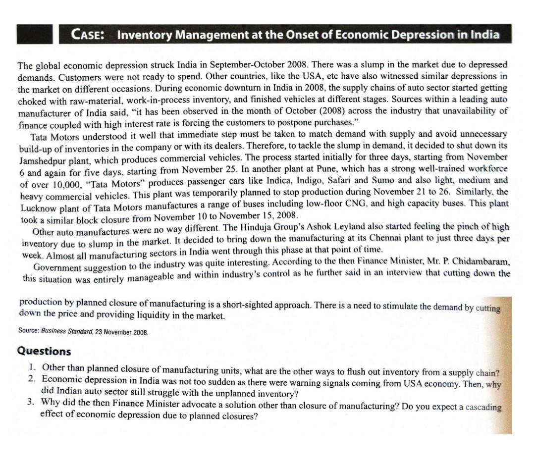Solved The global economic depression struck India in | Chegg.com