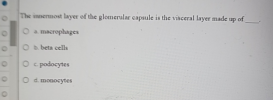 Solved The innermost layer of the glomerular capsule is the | Chegg.com