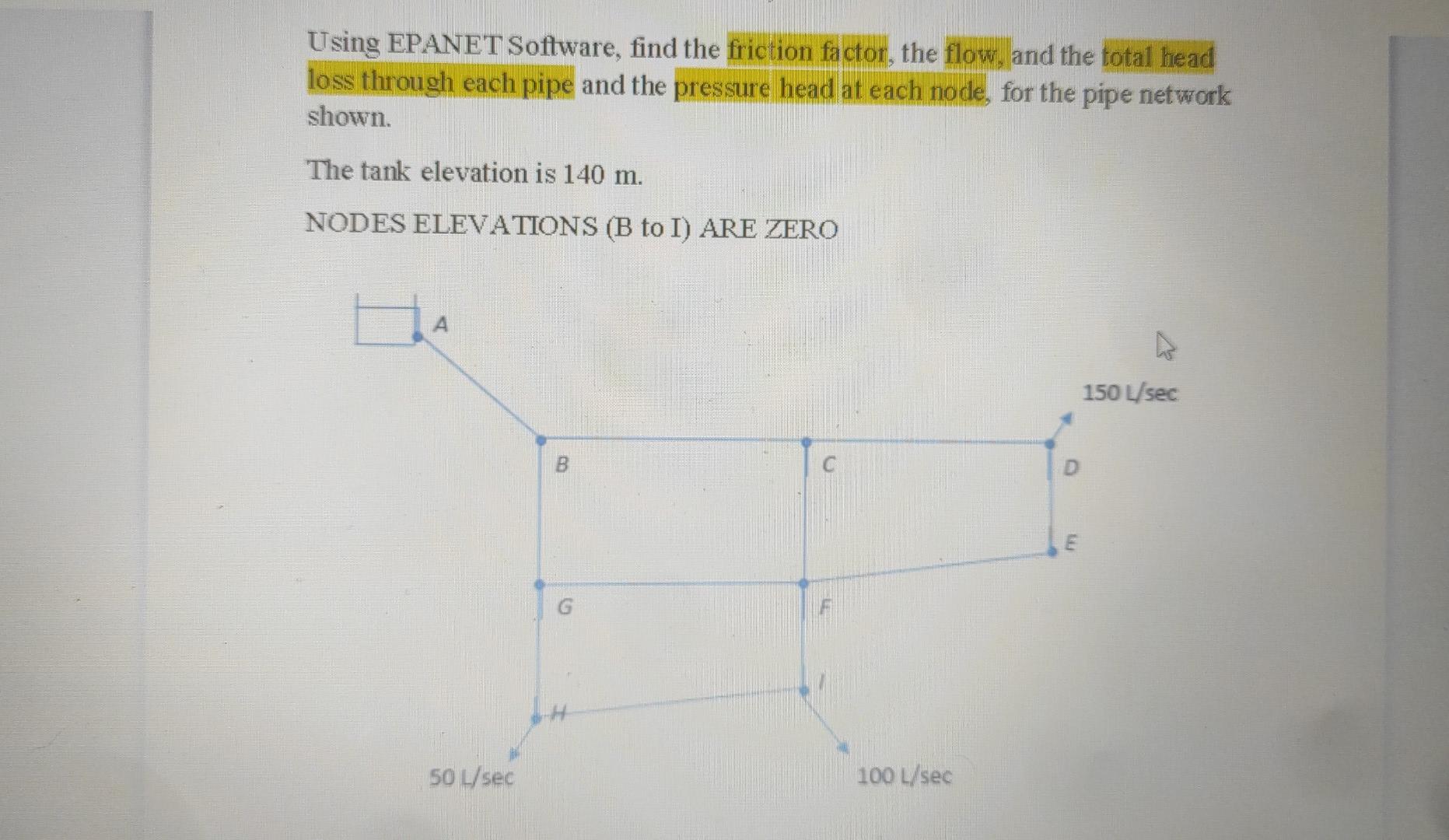 Solved Using EPANET Software, find the friction factor, the | Chegg.com