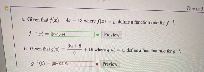 Solved Due in 5 a. Given that f(x) = 4x – 13 where f(x) = y, | Chegg.com