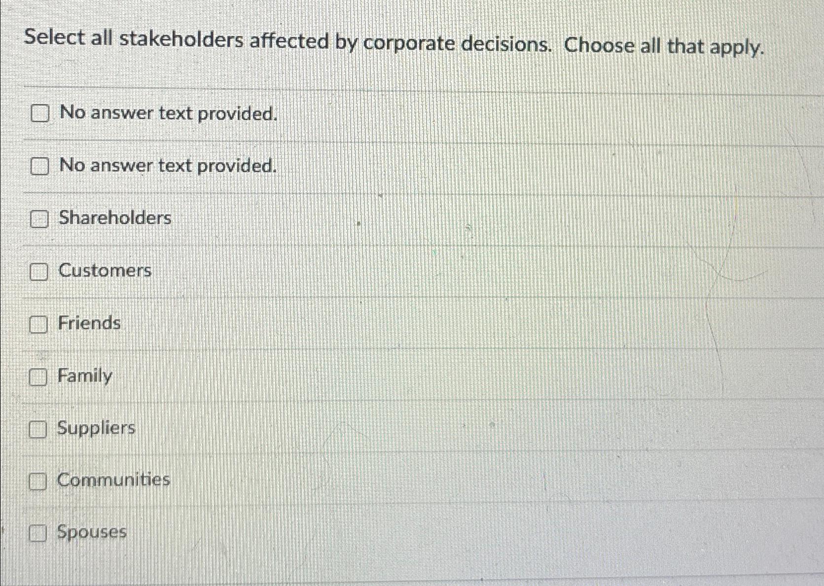Solved Select all stakeholders affected by corporate | Chegg.com