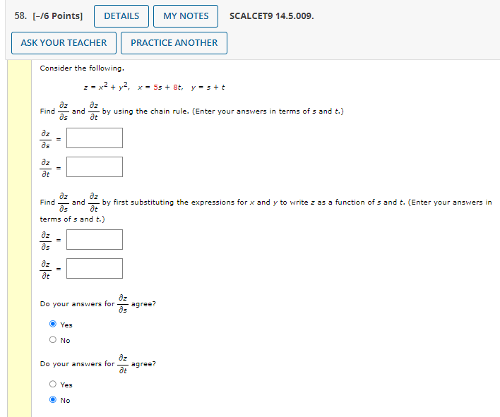 Solved Consider the following.z=x2+y2,x=5s+8t,y=s+tFind | Chegg.com