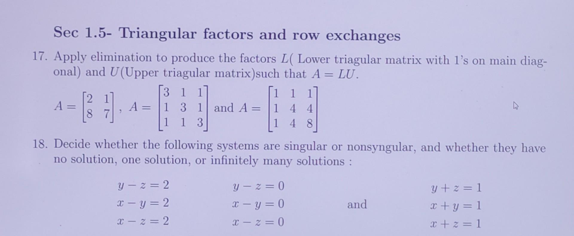 Solved Sec 1.5- Triangular factors and row exchanges 17. | Chegg.com