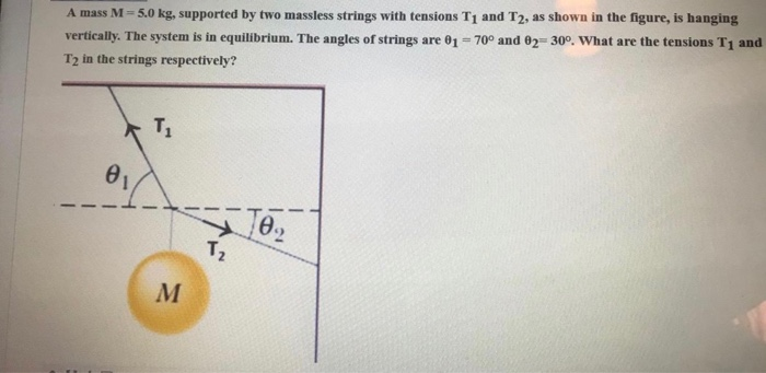 Solved A mass M=5.0 kg, supported by two massless strings | Chegg.com