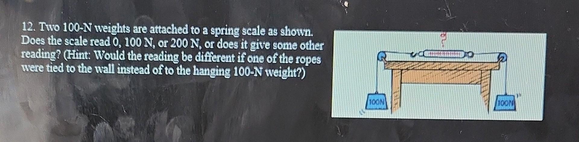 Solved 12. Two 100−N weights are attached to a spring scale | Chegg.com