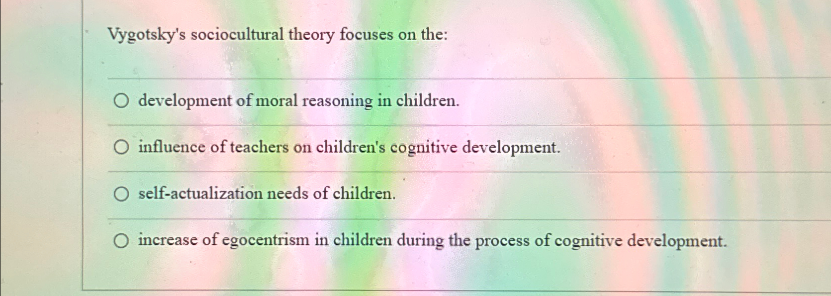 Solved Vygotsky's sociocultural theory focuses on | Chegg.com