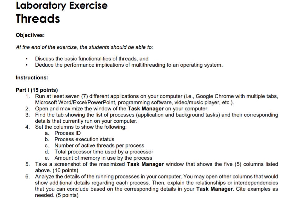 Solved Laboratory Exercise Threads Objectives: At the end of | Chegg.com