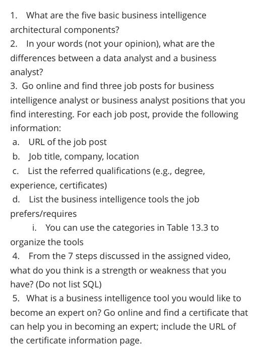 Solved 1. What are the five basic business intelligence | Chegg.com