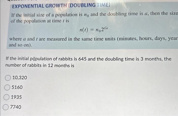 Solved EXPONENTIAL GROWTH (DOUBLING TIME) If the initial | Chegg.com
