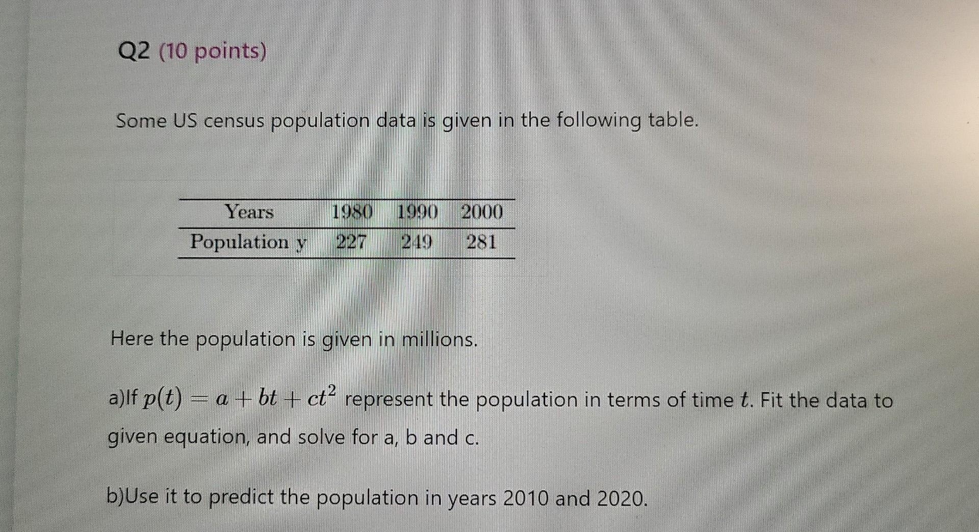 Solved Q2 (10 points) Some US census population data is | Chegg.com