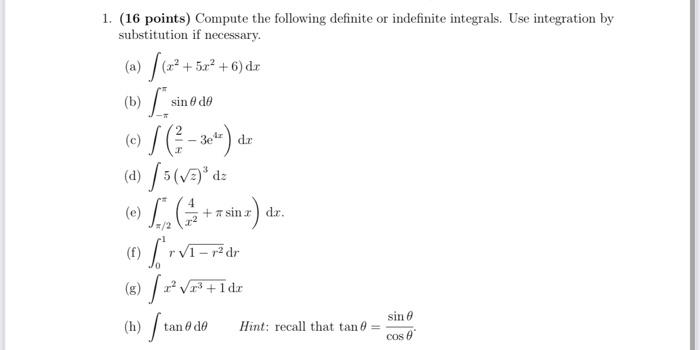 Solved 1. (16 points) Compute the following definite or | Chegg.com