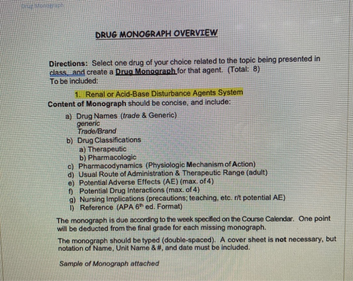 Solved DRUG MONOGRAPH OVERVIEW Directions: Select one drug | Chegg.com