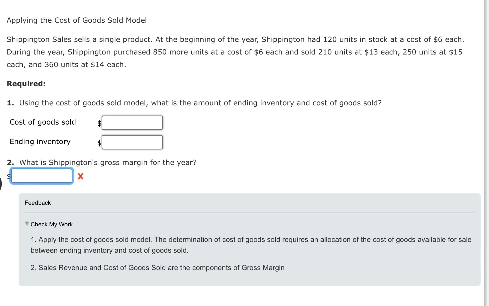 Solved FeedbackCheck My WorkApply the cost of goods sold | Chegg.com