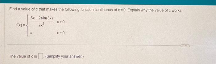 Solved Find a value of c that makes the following function | Chegg.com