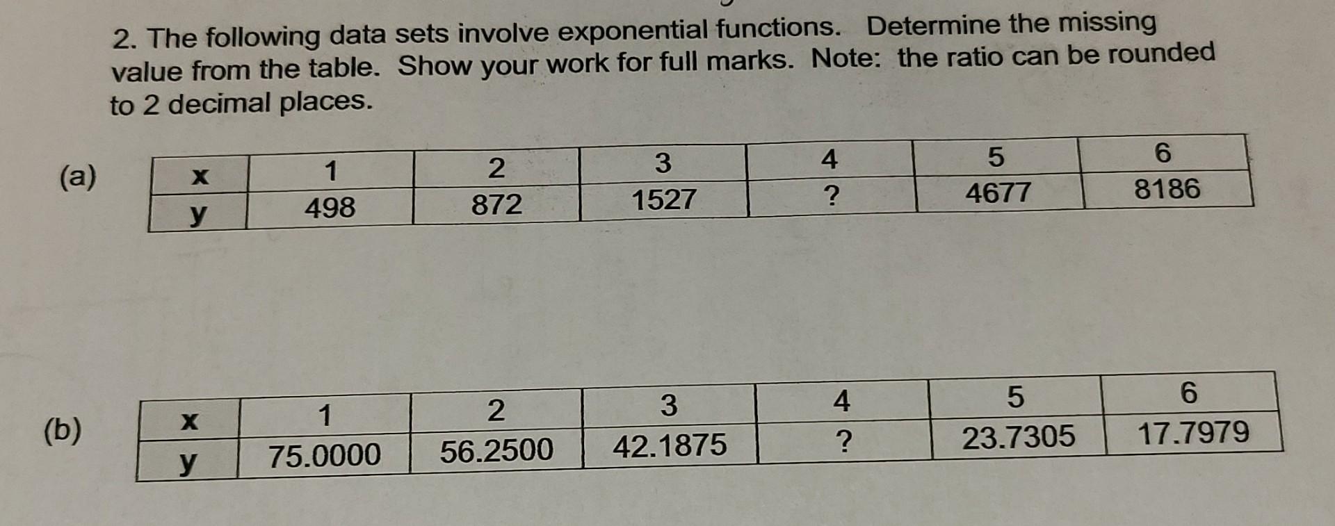 Solved 2. The following data sets involve exponential | Chegg.com