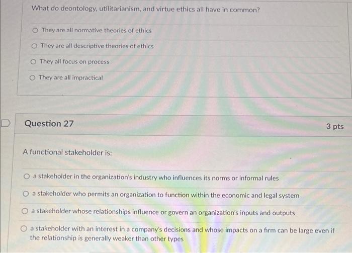 Solved What do deontology, utilitarianism, and virtue ethics | Chegg.com