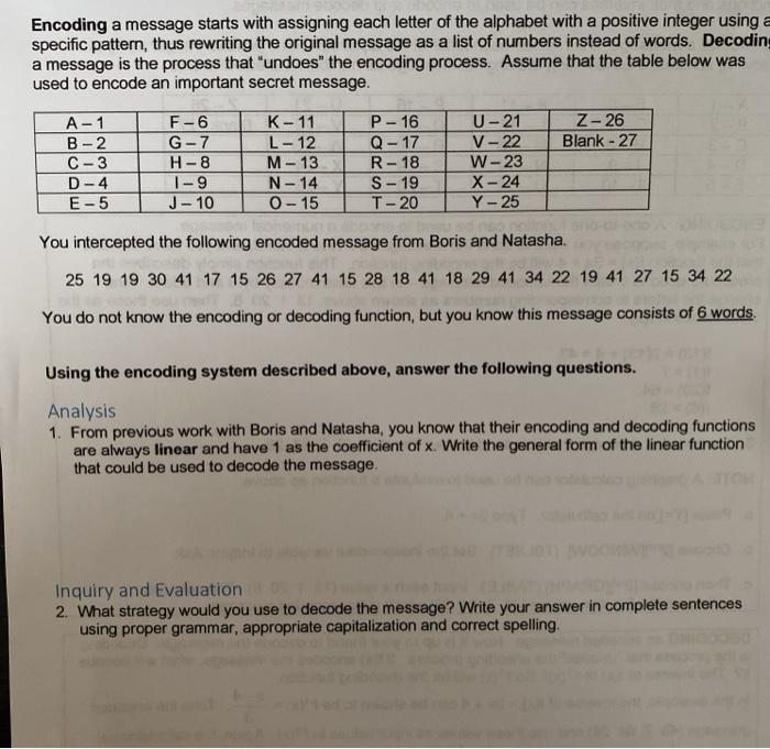 Solved Encoding a message starts with assigning each letter | Chegg.com