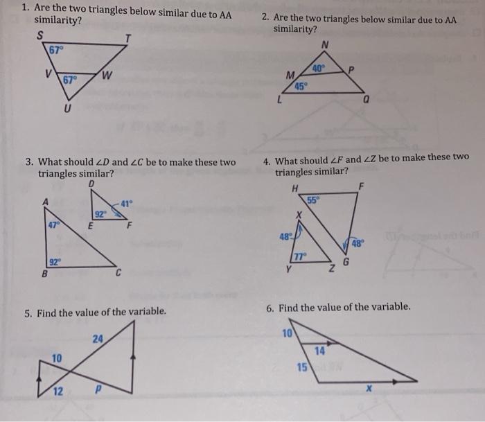 Solved 1. Are the two triangles below similar due to AA | Chegg.com