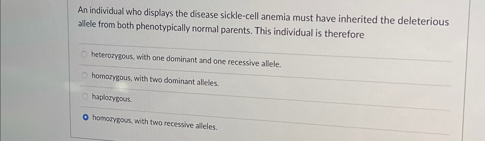Solved An individual who displays the disease sickle-cell | Chegg.com