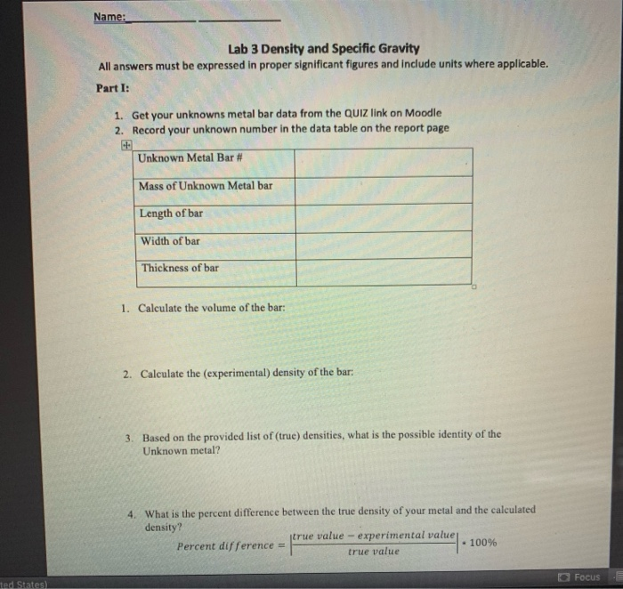 Name: Lab 3 Density and Specific Gravity All answers | Chegg.com